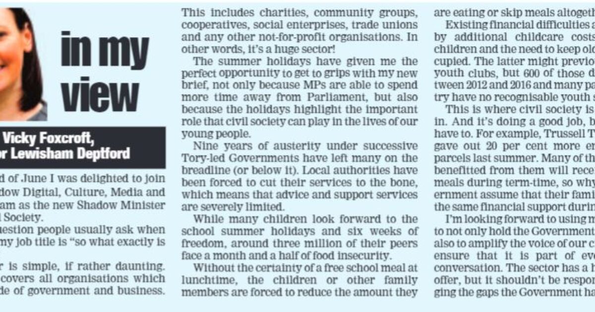 South London Press Column 16/08/19 – Civil Society - Vicky Foxcroft