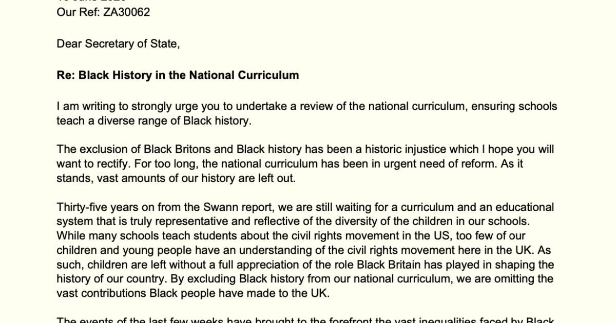 Letter to the Education Secretary on including Black History in the ...