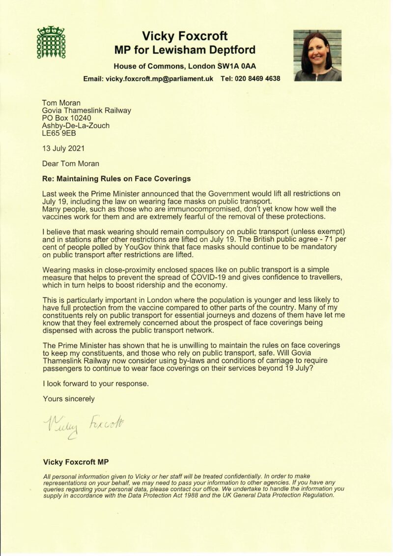 Letter to Transport Operating Companies on Maintaining Rules on Face ...