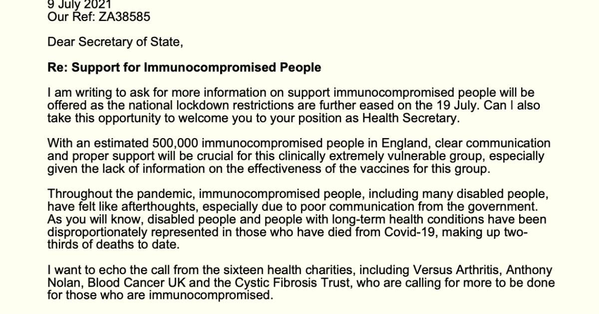 Letter to the Health Secretary – Support for Immunocompromised People ...