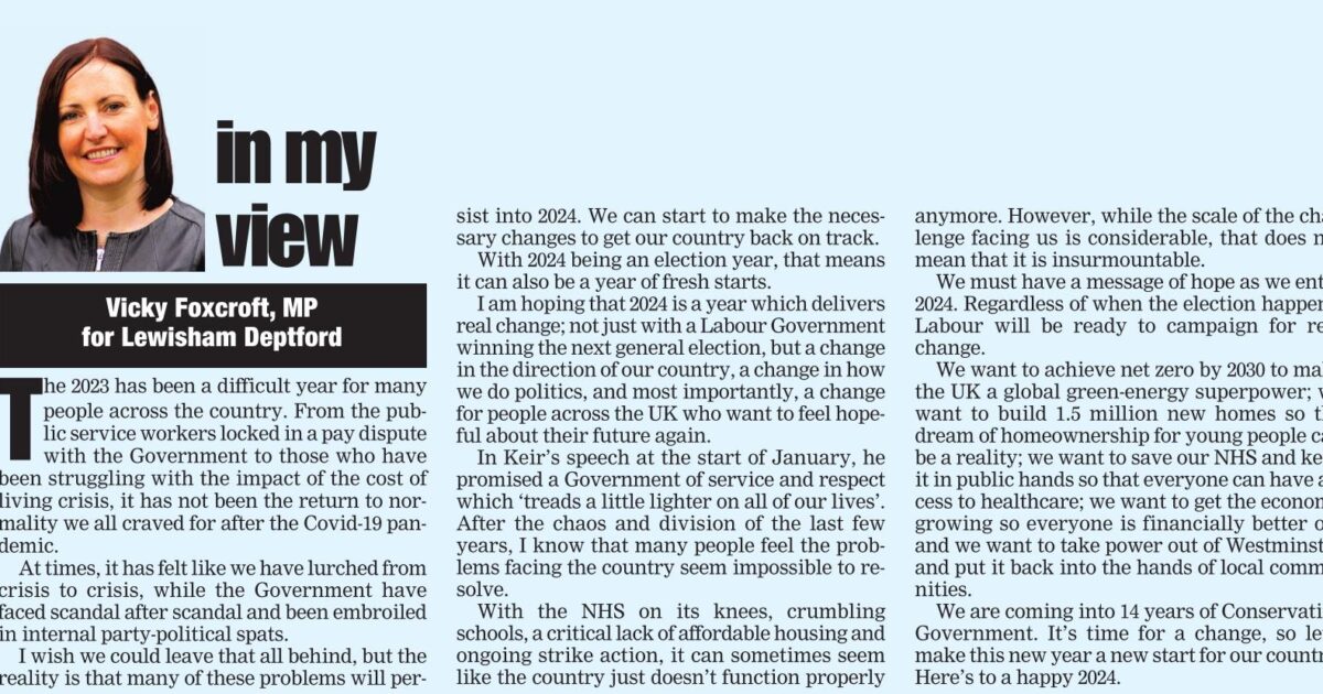 South London Press Column 12/01/2024 – Time for Change - Vicky Foxcroft