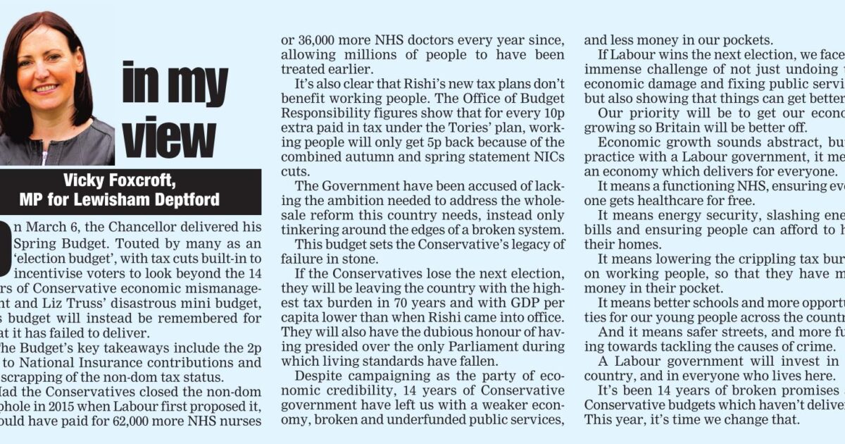 South London Press Column 22/03/24 – Spring Budget - Vicky Foxcroft