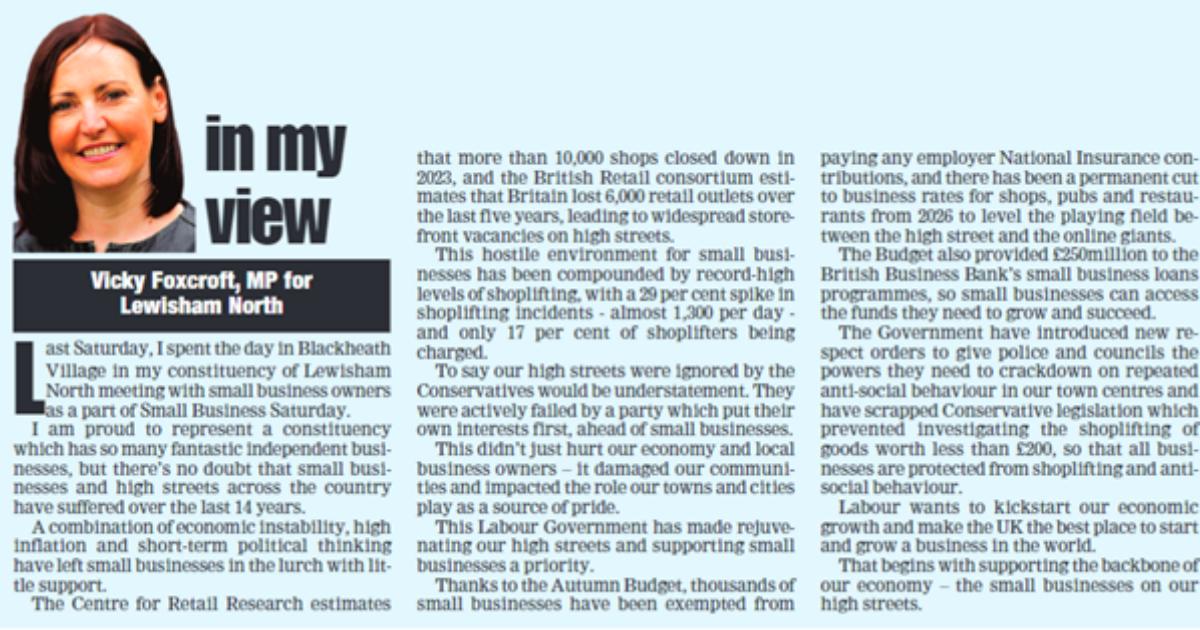 South London Press Column 13/12/24 – Small Businesses - Vicky Foxcroft