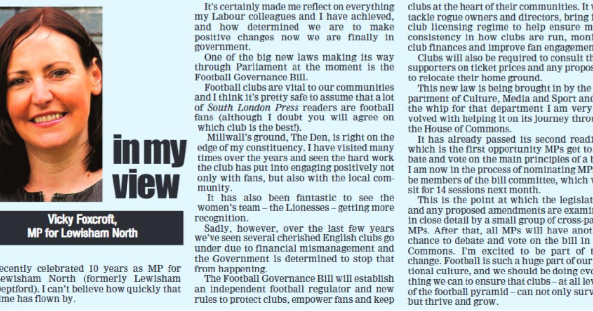 South London Press Column 16/05/25 – Football Governance Bill - Vicky ...